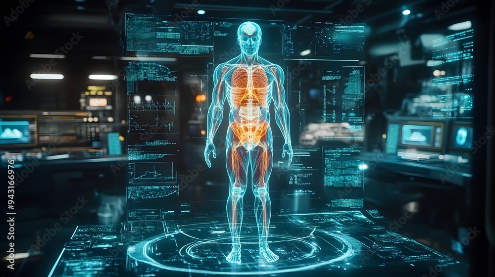 17. **Visualize a hologram of a human body in a high-tech laboratory ...