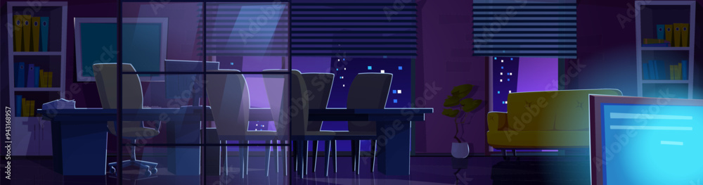 Night business office interior. Vector cartoon illustration of empty ...