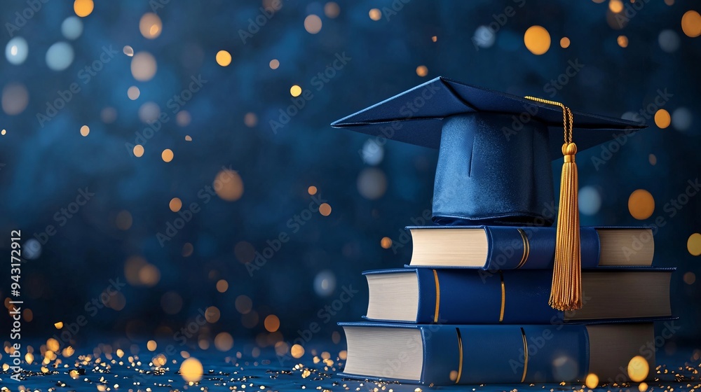 Mortarboard and graduation scroll atop books, blue background ...