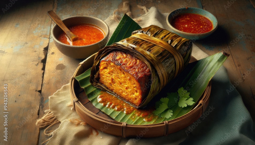 satar, a traditional Malaysian dish made from spiced fish paste. Stock ...