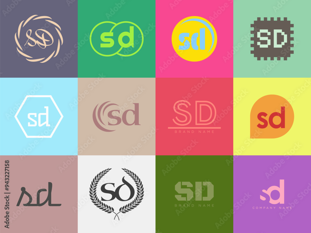 SD logo company template. Letter s and d logotype. Set different ...