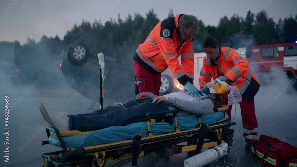 Ambulance Medics Doing Cardiopulmonary Resuscitation to an Unconscious Patient After a Serious ...