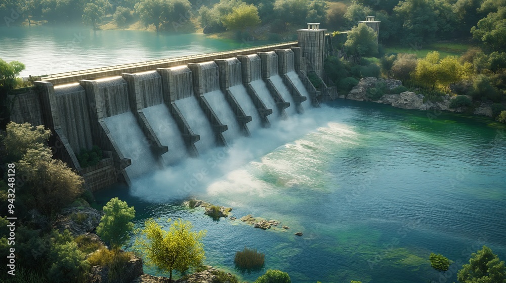 Scenic Dam with Flowing Water and Lush Vegetation. Picturesque ...
