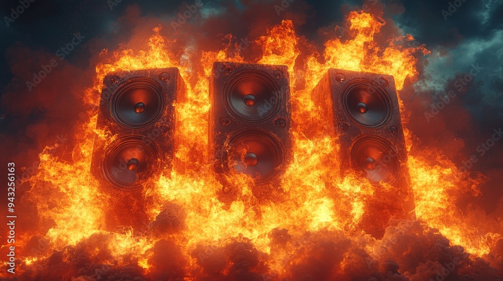 Loudspeakers emit powerful sound waves while engulfed in bright flames ...