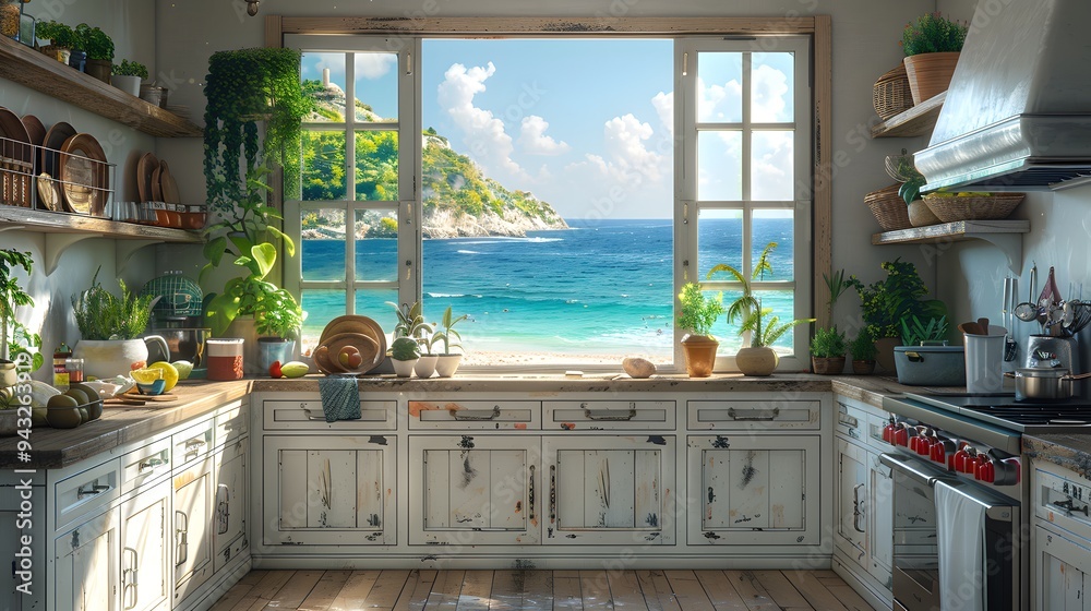 kitchen with beach coast sea view. A bright and airy kitchen with a ...