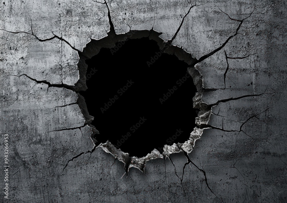 Cracked and weathered wall with a large hole, exposing dark void ...