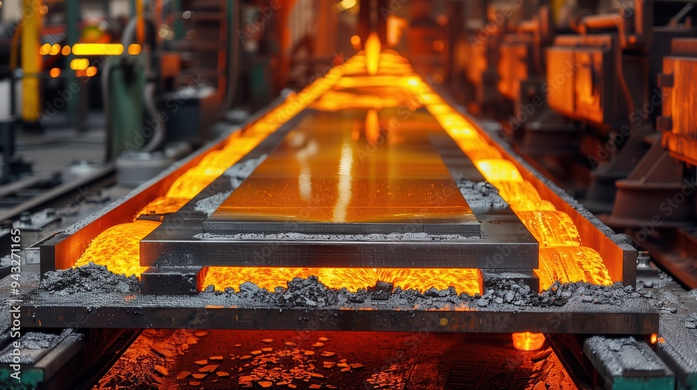 Steel Slab Cooling on Conveyor in Steel Mill. Glowing steel slab cools ...