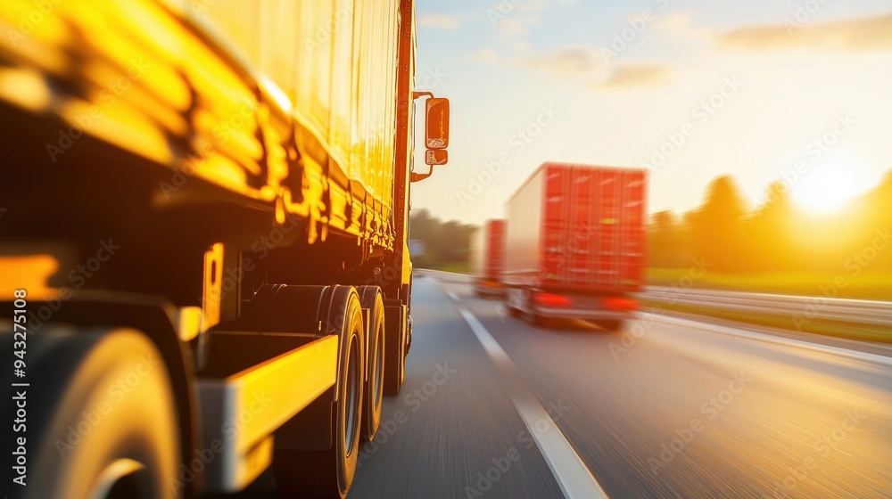 Freight trucks on the highway, focus on cargo transport, dynamic and ...