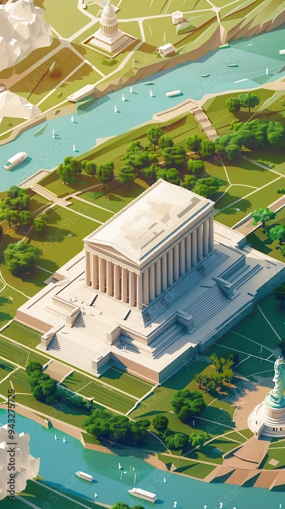 18 USA monuments flat design worm's-eye view national theme 3D render ...