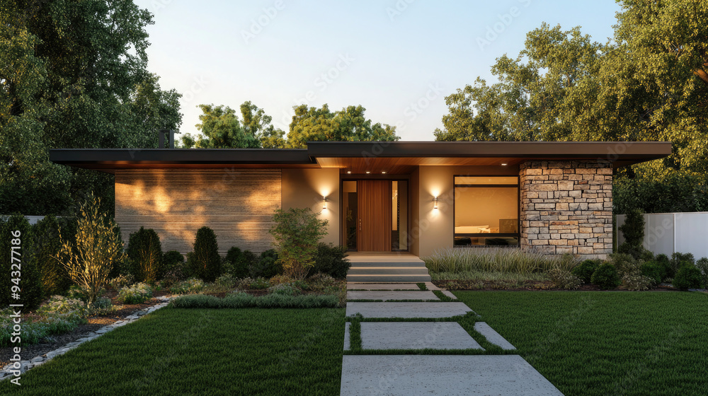 A small, modern, one-story house design with a gable roof, front door ...
