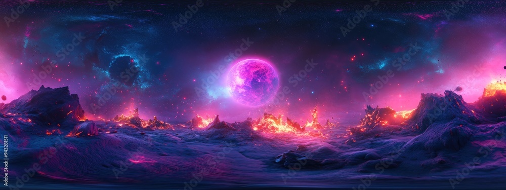 360 degree stellar system and gas nebula in a 3D cartoon rendering ...
