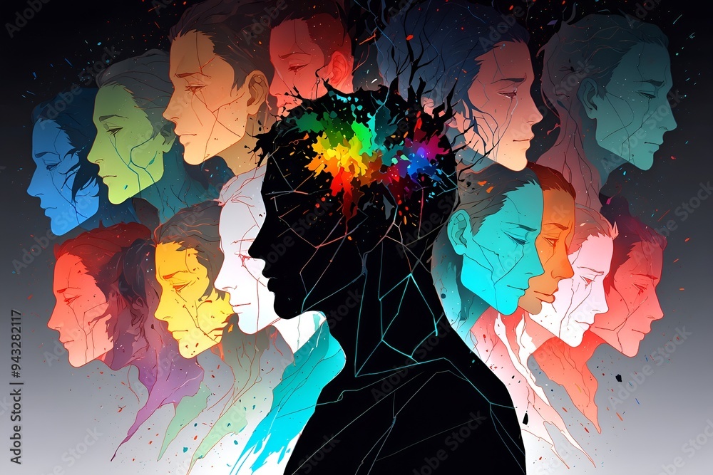 A deeply symbolic image of a fragmented human figure with multiple ...