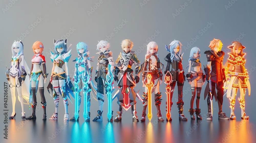 30 Digital pixel characters flat design side view anime fantasy theme ...