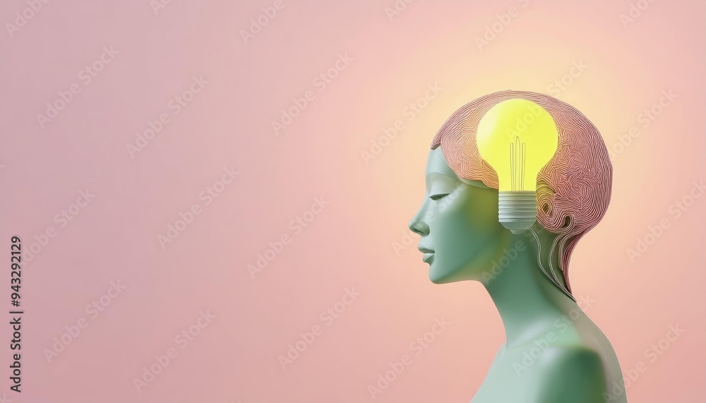 Digital rendering of a human profile with a glowing light bulb over the ...