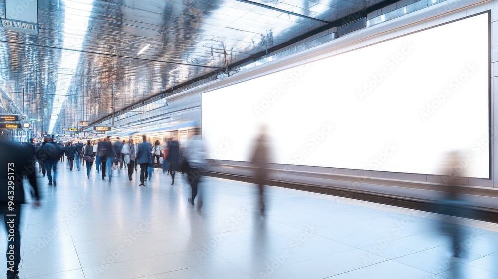 Busy train station scene with a blank white advertising banner at the ...