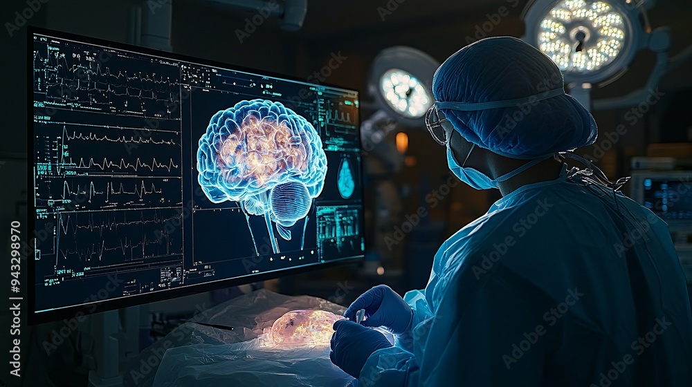 Neurosurgeon preparing for complex brain surgery with the aid of a 3D ...