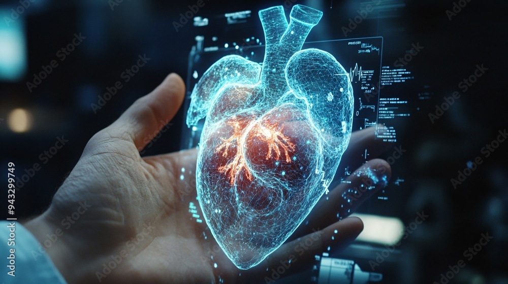 Cardiologist using a 3D holographic heart scan to assess cardiovascular ...