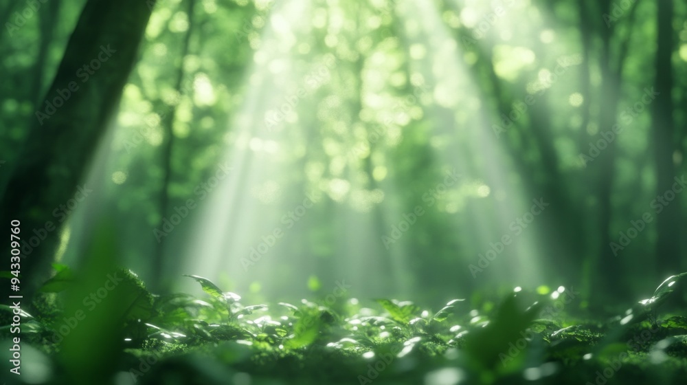 Mystical Green Light Beams in Enchanted Forest, a serene landscape ...