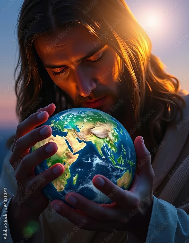 Jesus Holding Earth in Hands with Compassion and Love, Spiritual and ...