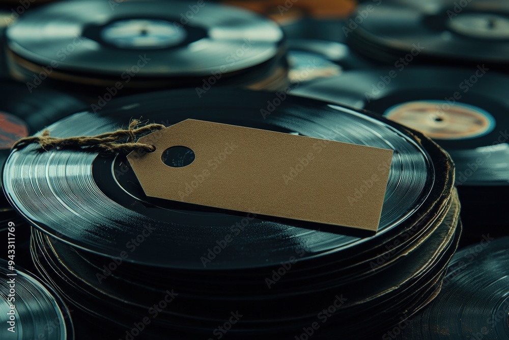 A retro price tag is placed on a stack of vinyl records, highlighting a ...