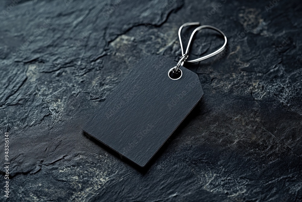 A sleek black price tag with a shiny silver border is placed on a ...