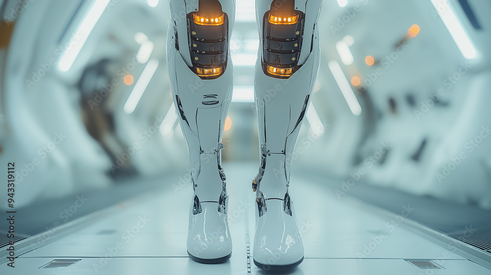 A pair of white robotic legs are shown in a white room. The legs are ...