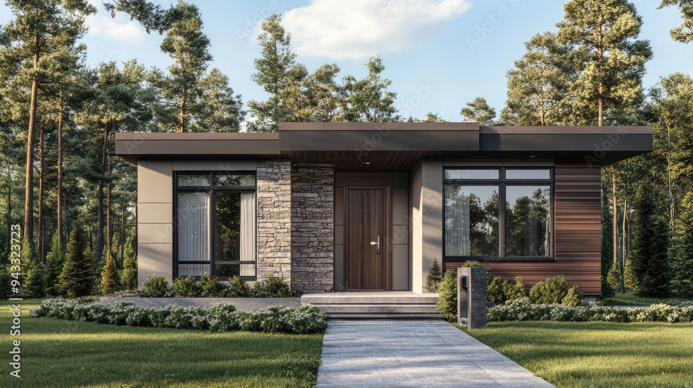 A small, modern, one-story house design with a gable roof, front door ...