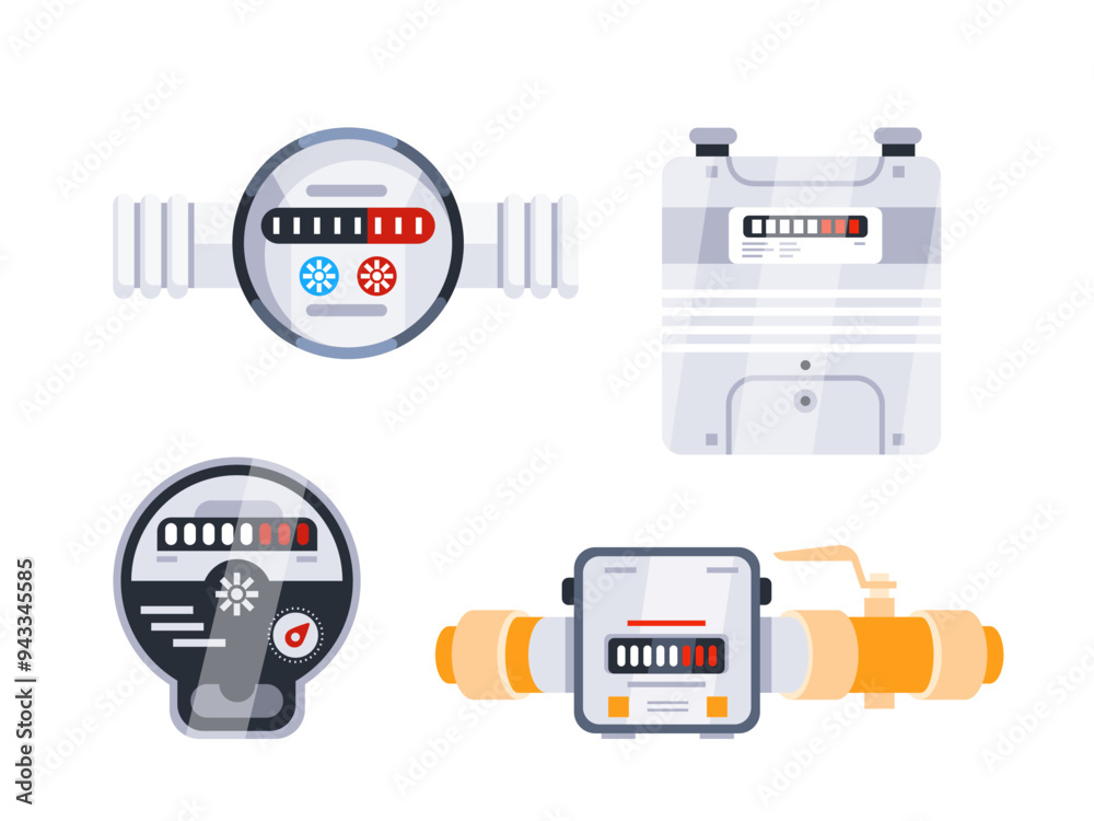 Different types of water meters are shown, measuring the amount of ...