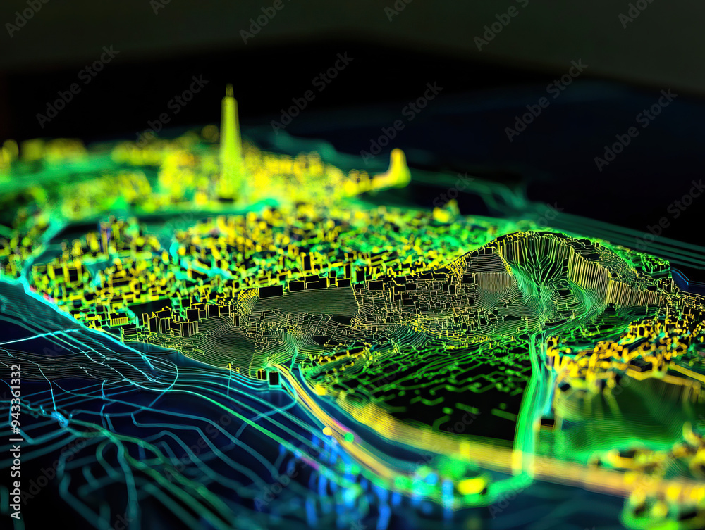 Technical aerial visual, 3D LiDAR GIS aerial map satellite scan model ...