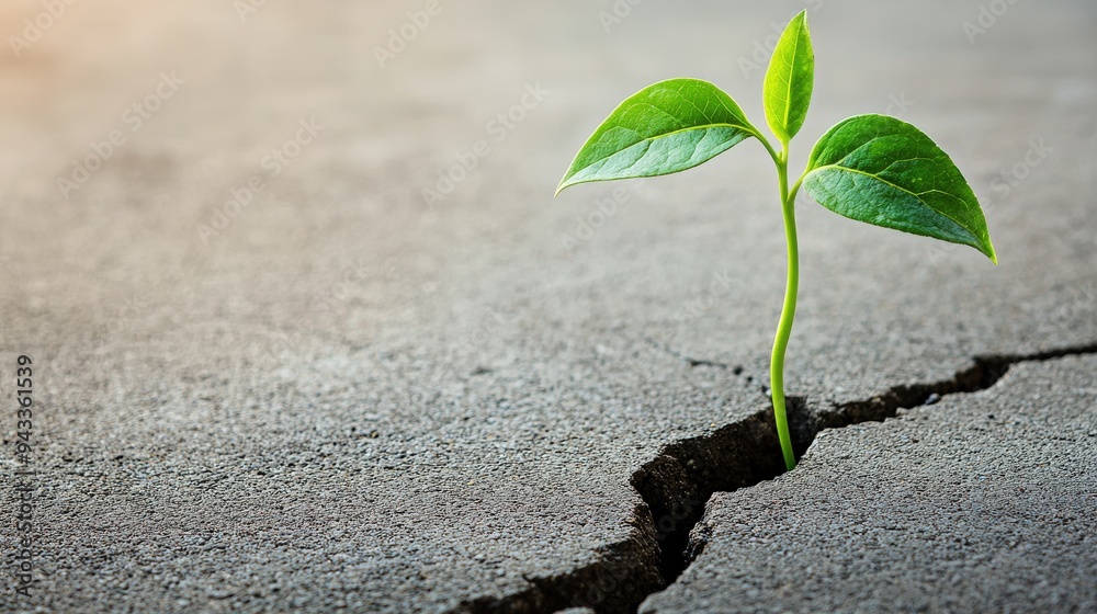 A young plant breaking through the cracks of a concrete pavement ...