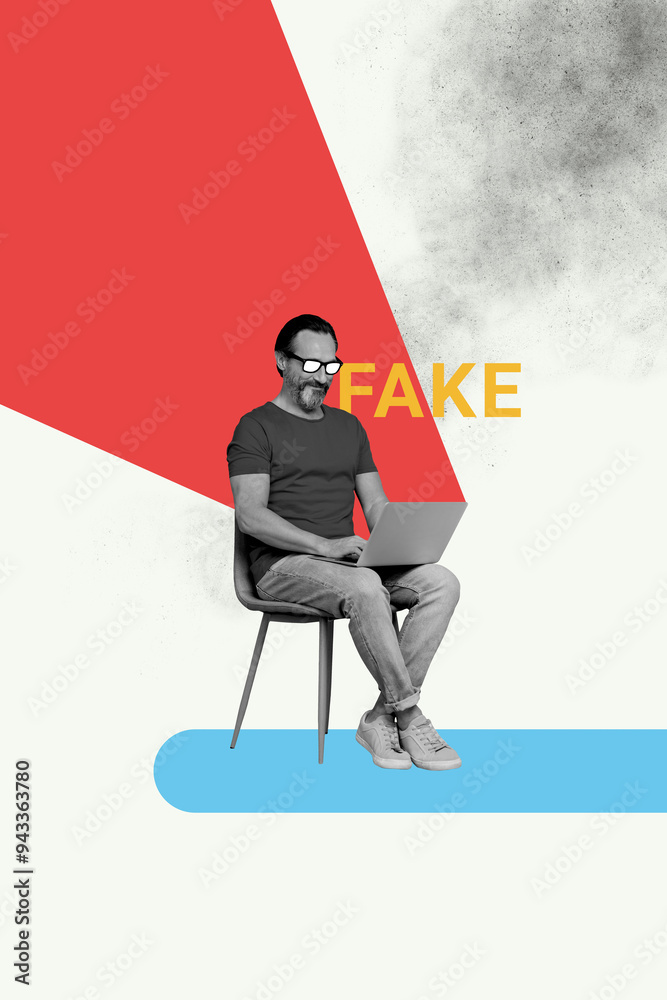 Vertical photo collage of happy man type laptop fake disinformation ...