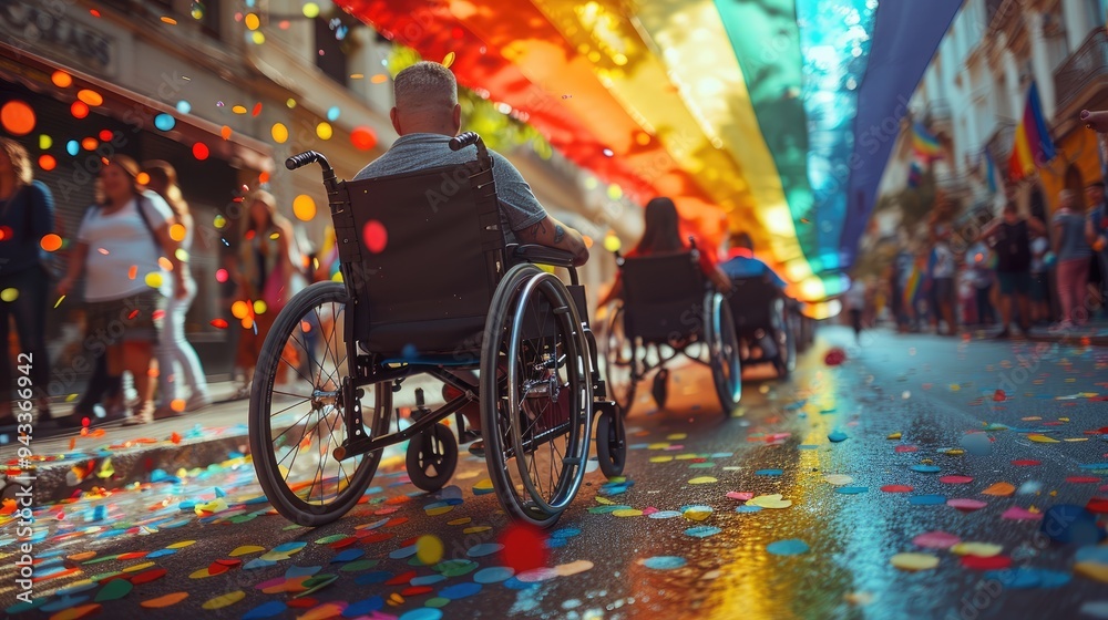 Inclusive happy disabled wheelchair users celebrating pride street ...