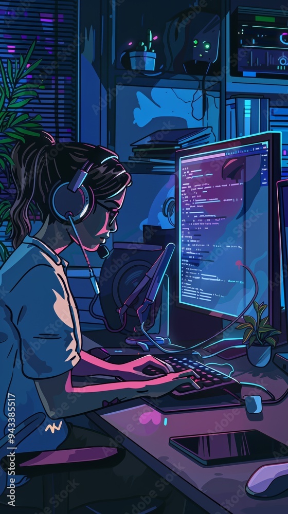 female software developer coding to chillhop beats moody scene comic ...