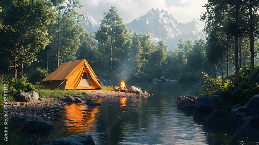 Summer camping scene with a tent, campfire, and surrounding forest ...