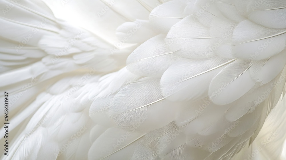 Closeup, white and feathers background for peace, calm and spirituality ...