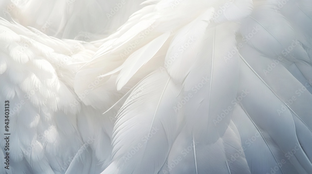 Closeup, white and feathers background for peace, calm and spirituality ...
