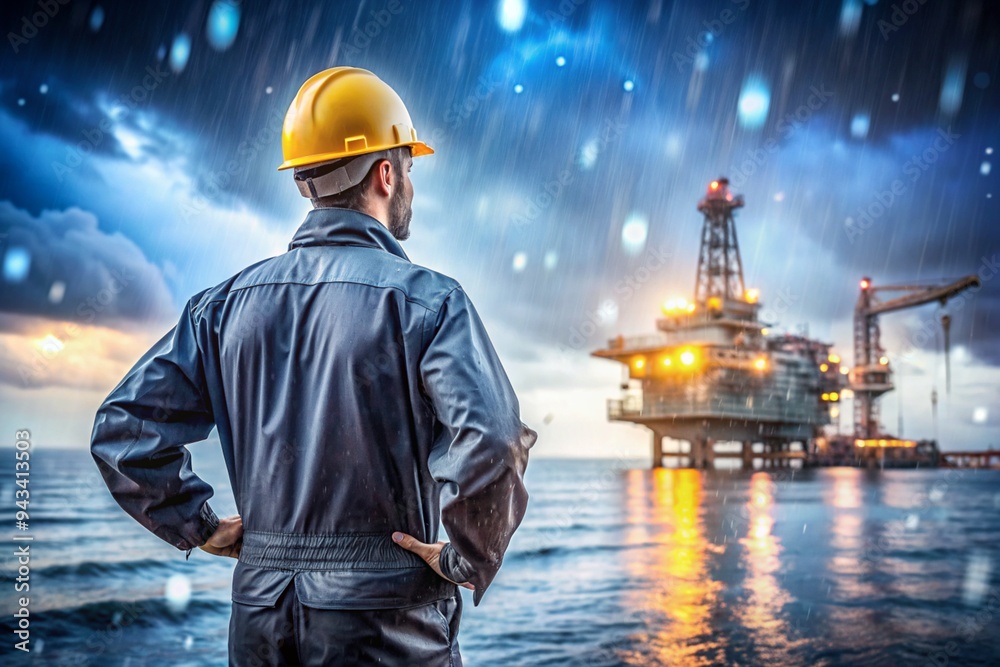 Foto de Oil production. An oil well and a man in work clothes and a ...
