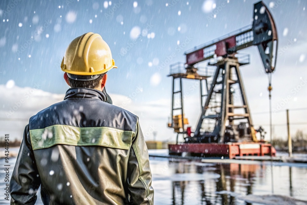 Oil production. An oil well and a man in work clothes and a ...