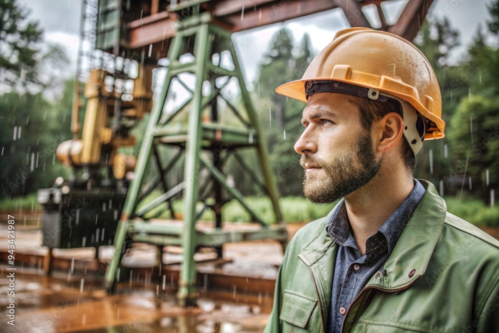 Oil production. An oil well and a man in work clothes and a ...