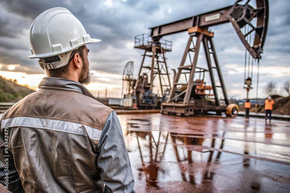 Oil production. An oil well and a man in work clothes and a ...