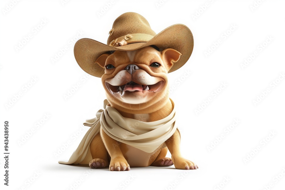 Cute funny quirky dog wearing a formal dress and hat, with a big smile ...