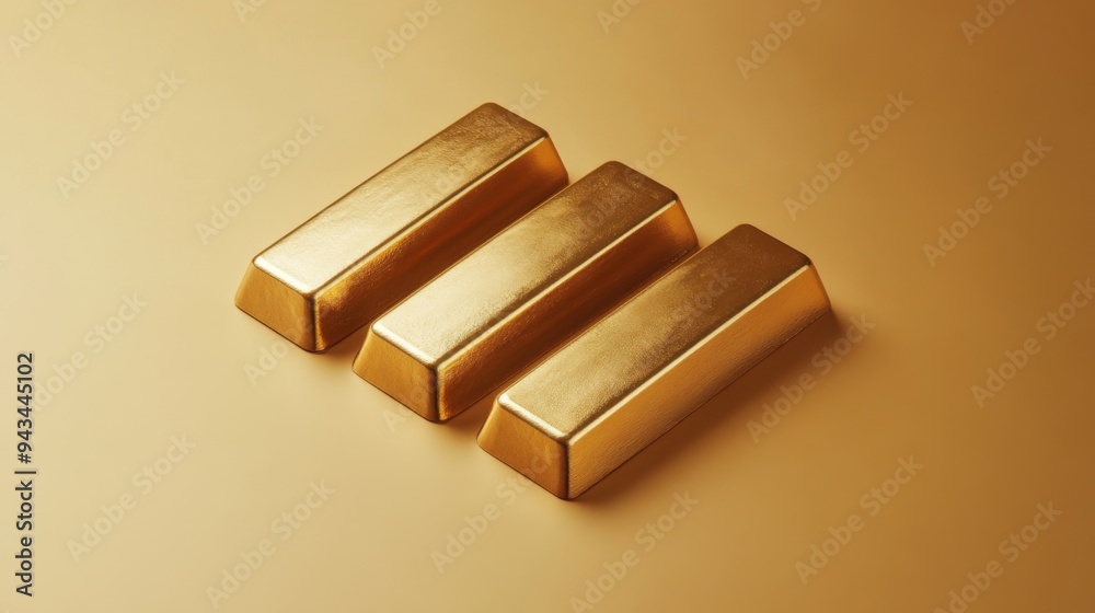 A trio of shiny gold bars neatly aligned on a lustrous golden background, representing wealth ...