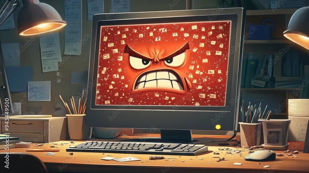 A computer monitor showcasing an animated enraged face stands in a ...
