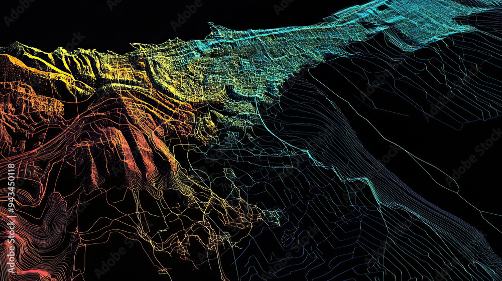 Technical aerial visual, 3D LiDAR GIS aerial map satellite scan model isolated, showing ...