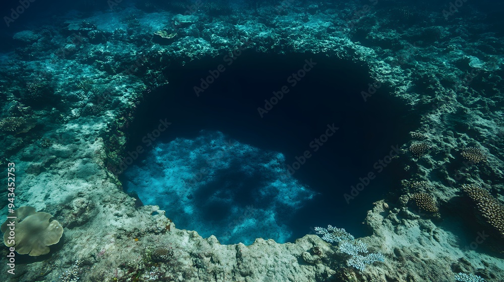2. "Underwater perspective of the Great Blue Hole, featuring the dark ...