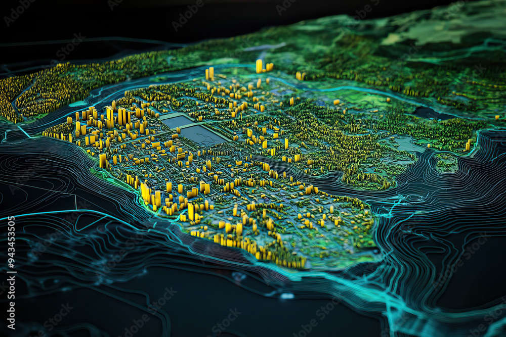 Technical aerial visual, 3D LiDAR GIS aerial map satellite scan model ...