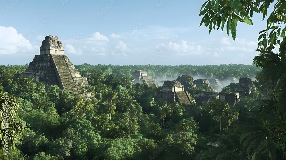 1. "Panoramic view of the ancient Mayan city of Tikal, highlighting the ...