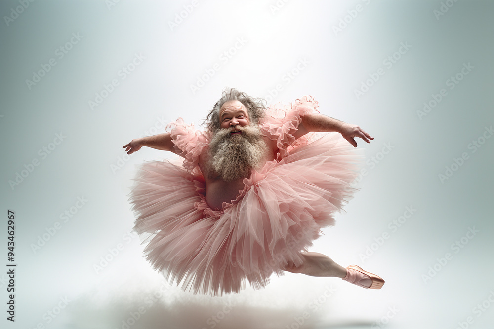 Funny man with thick beard and big fat belly and long hair, in pink ...