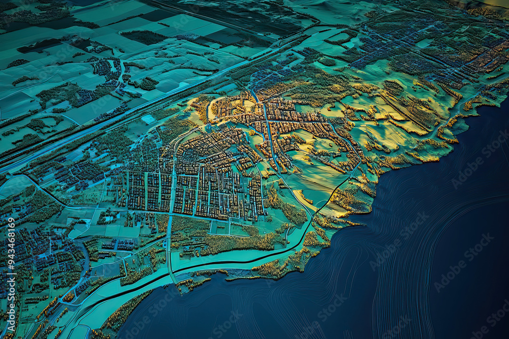 Technical aerial visual, 3D LiDAR GIS aerial map satellite scan model ...