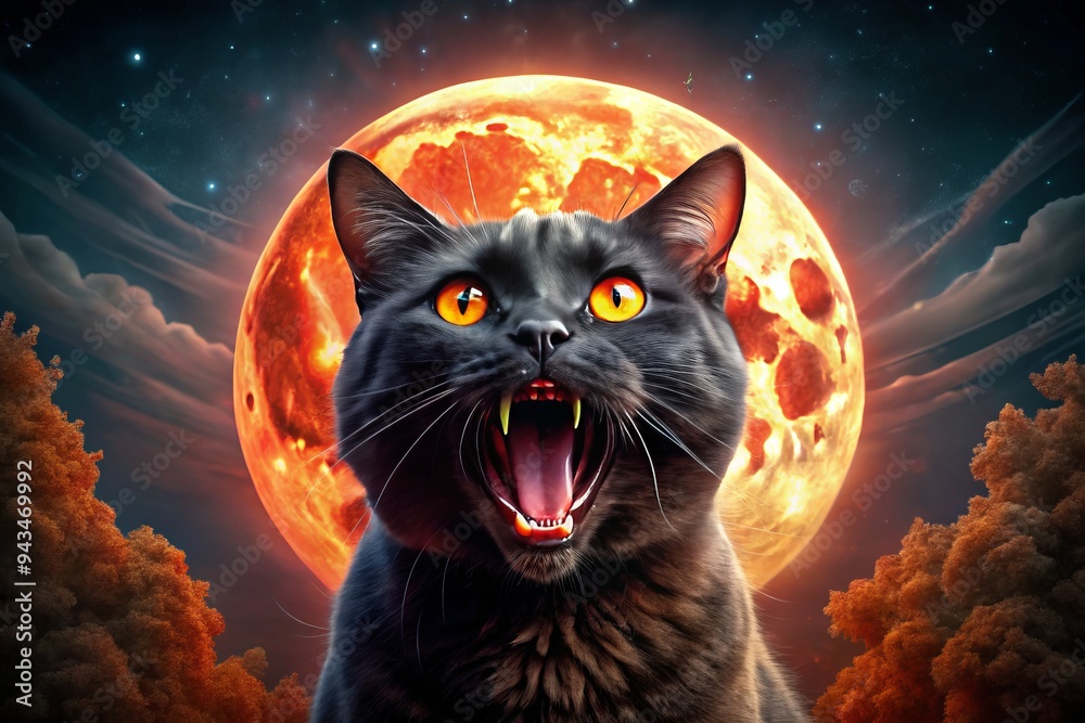 frenzied feline portrait midnight black cat screaming skyward with ...